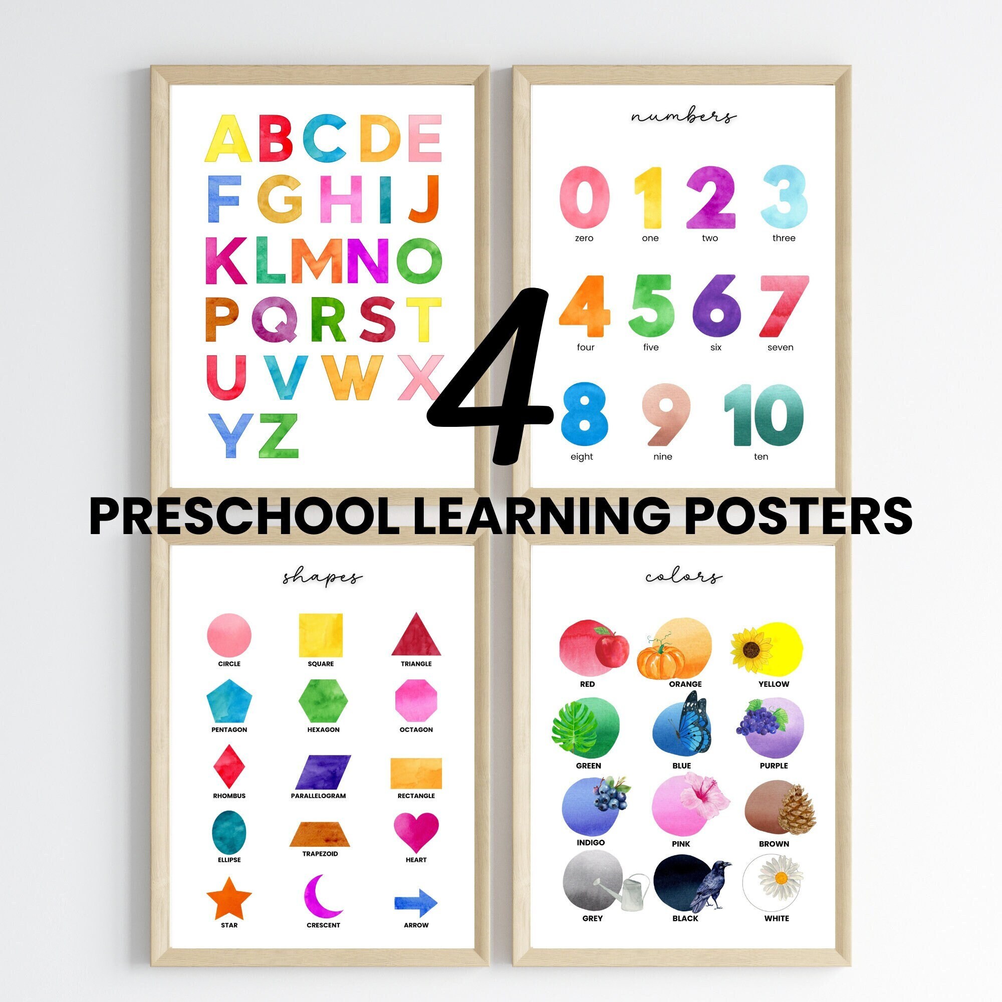 Alphabet Numbers Shapes & Colors Set of 4 Watercolor - Etsy