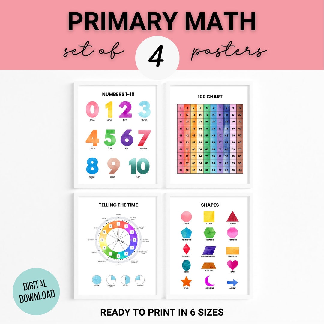 Numbers, 100 Chart, Time & 2D Shapes -set of 4 Watercolor Posters ...