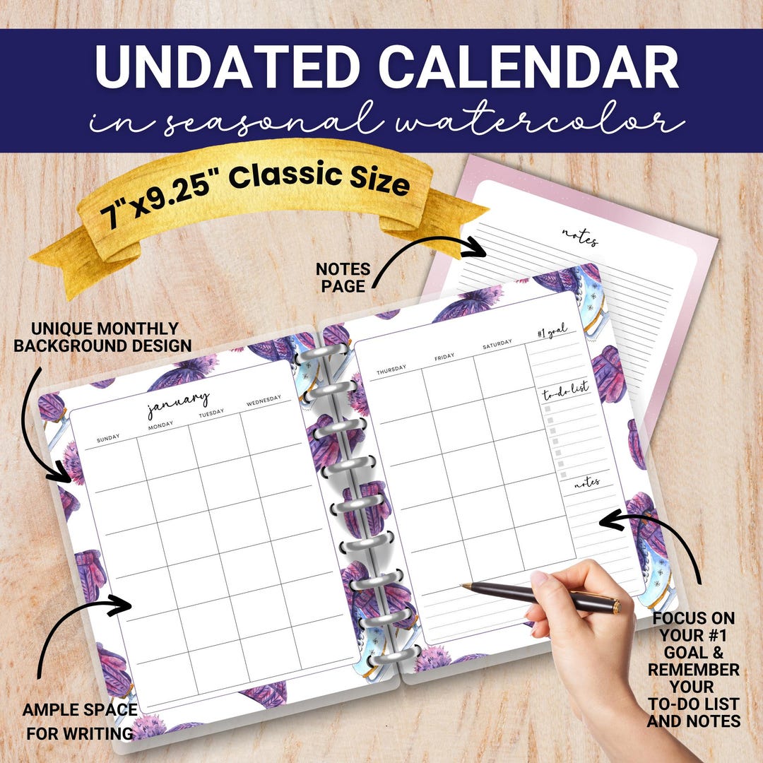 7 X 9.25" Undated Seasonal Watercolor Calendar | 2 Page Monthly Spread ...