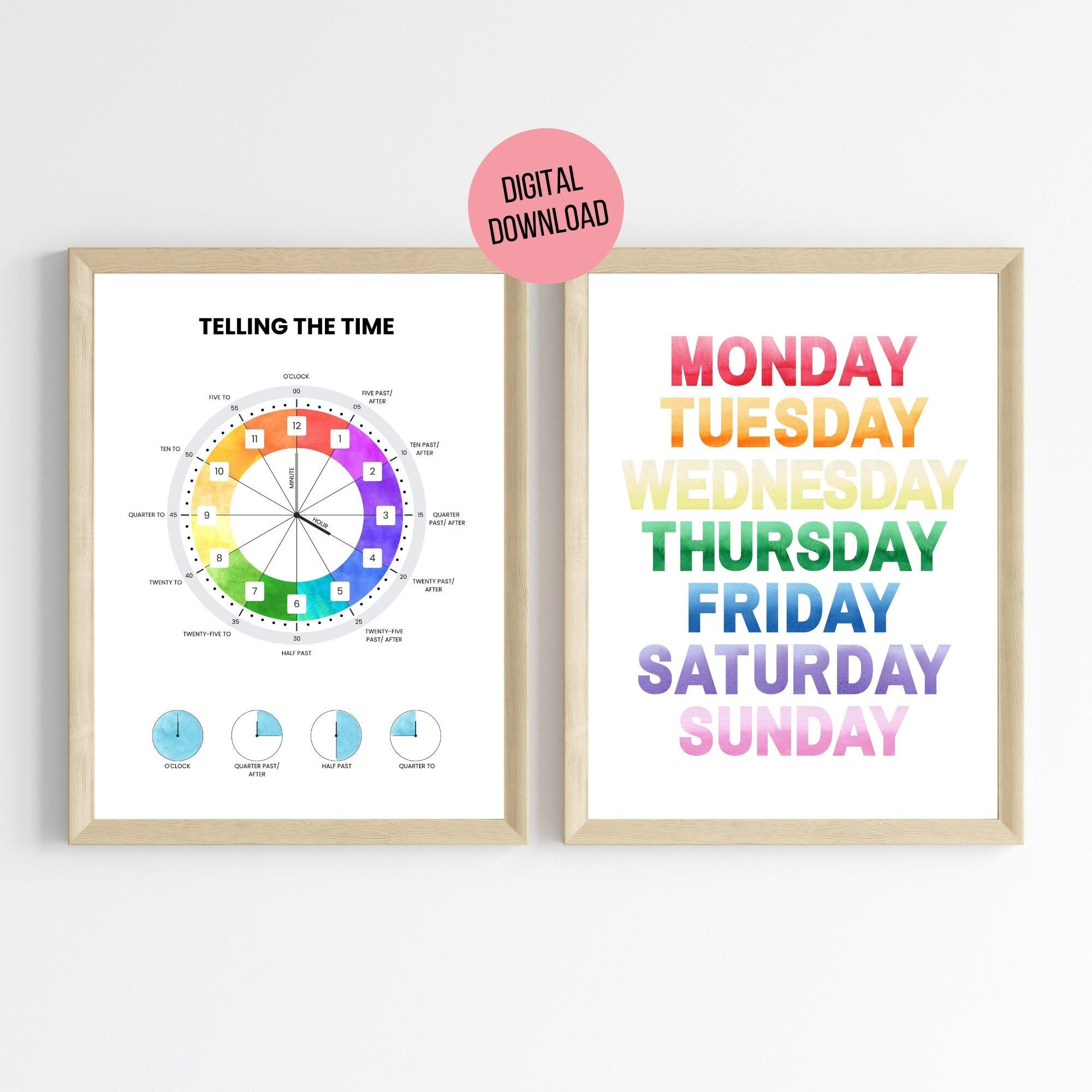 Telling Time Days of the Week Set of 2 Watercolor Posters - Etsy