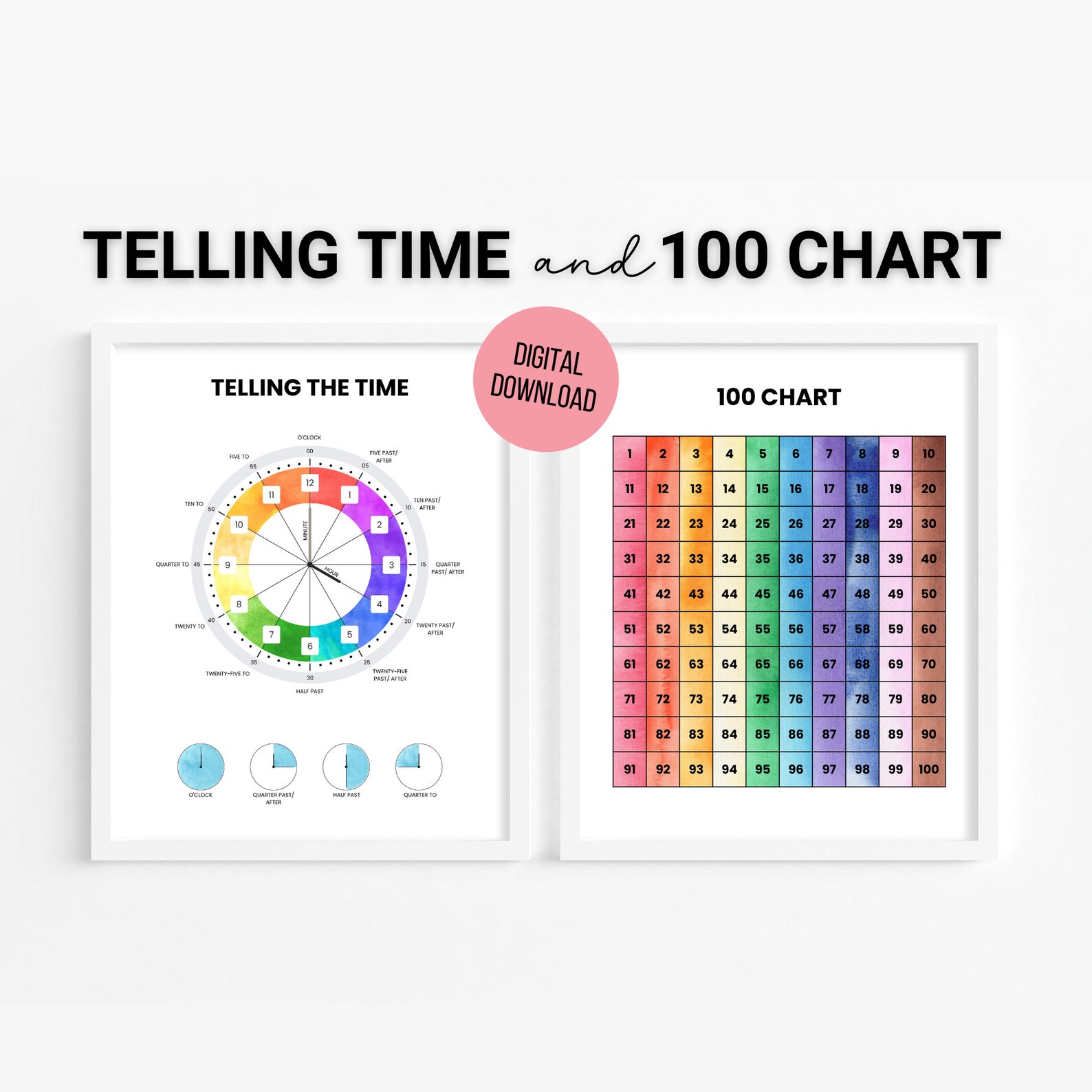 Telling Time + Hundred Chart -set of 2 Watercolor Posters, Homeschool ...
