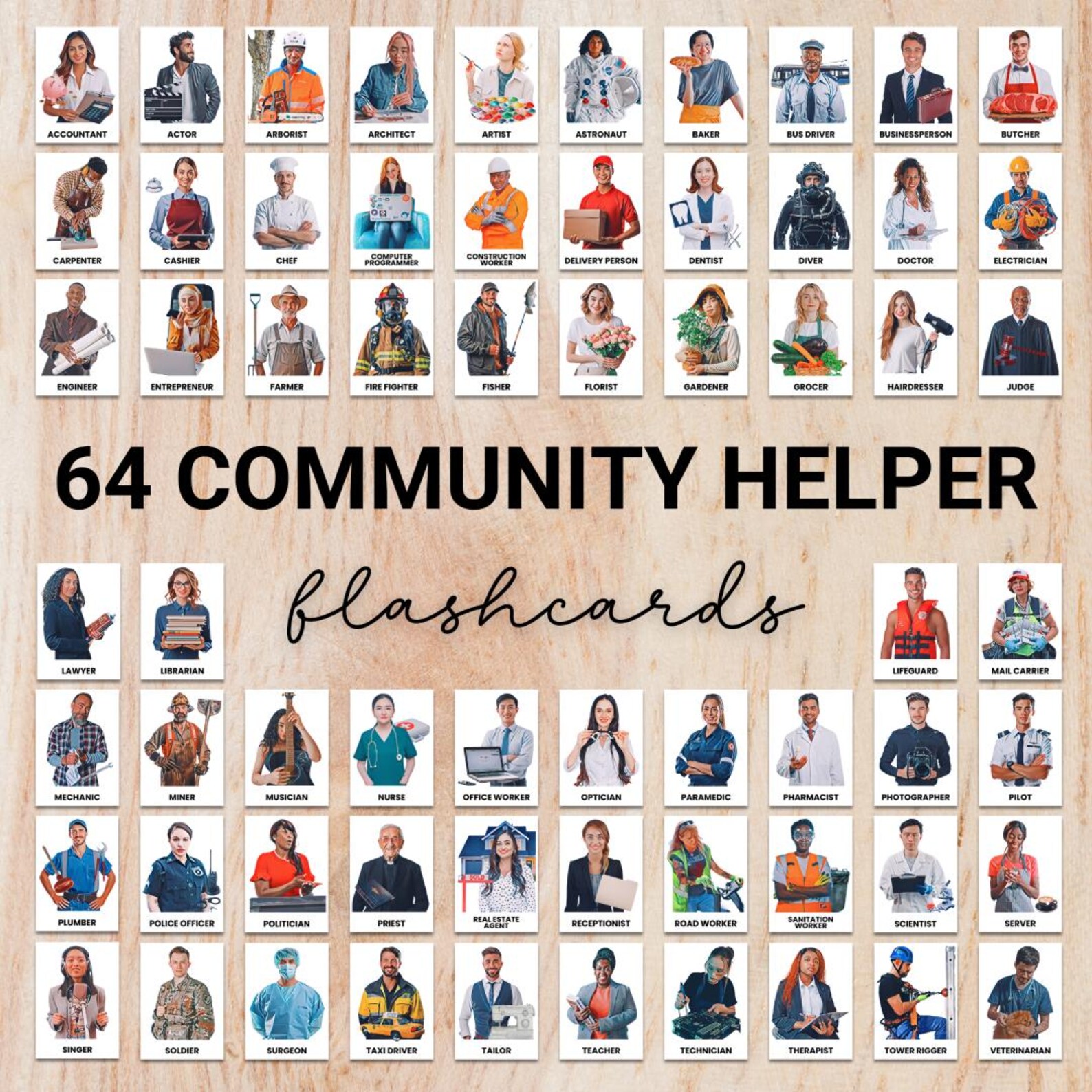 Community Helpers & Occupations | Three-part Montessori Flashcards | 64 ...