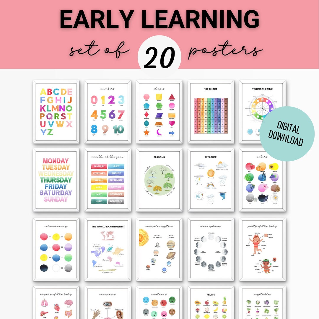 Set of 20 Watercolor Posters, Abcs, Numbers, 100 Chart, Time, Shapes ...