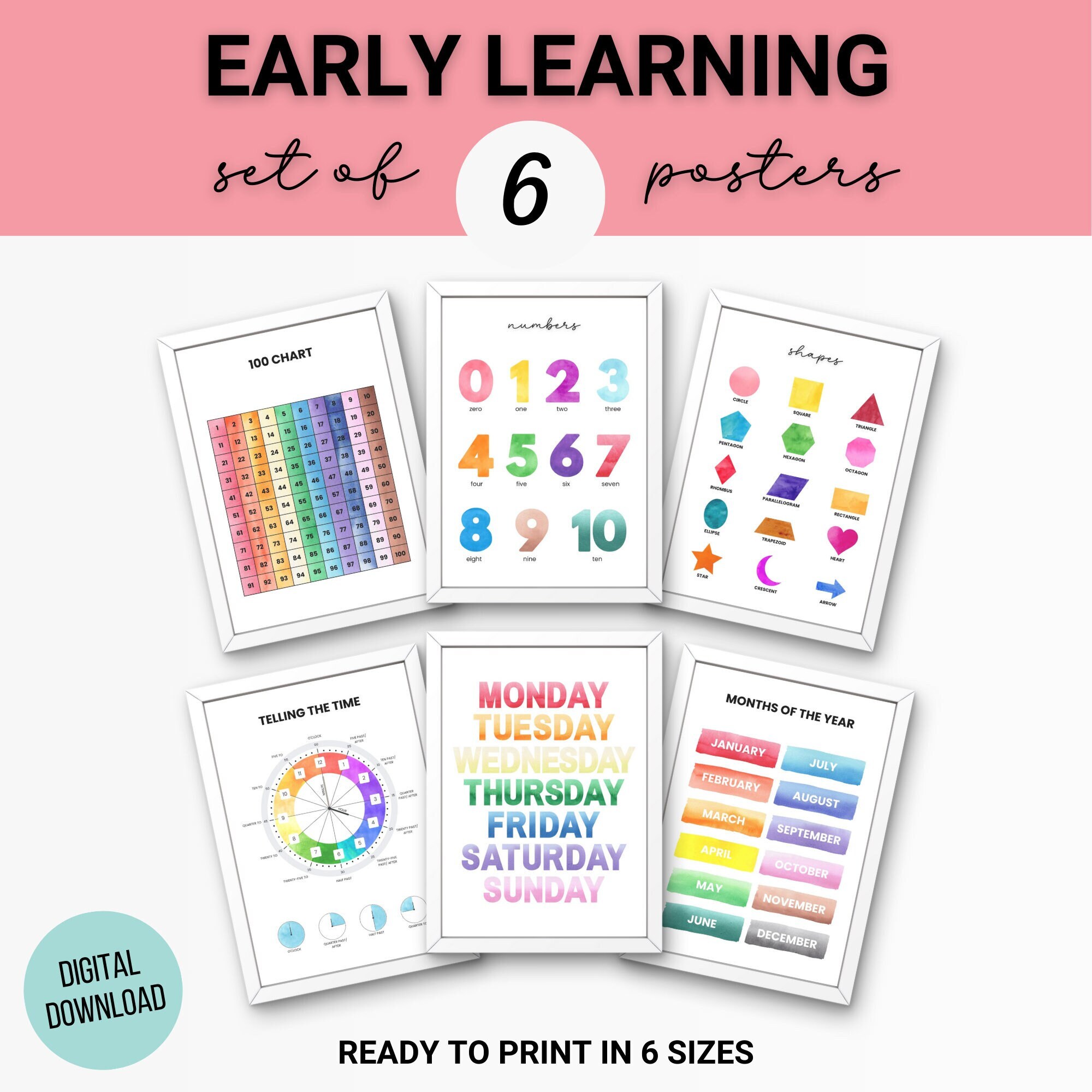 Watercolor Math Posters: Numbers, Shapes, Time, and More (digital ...