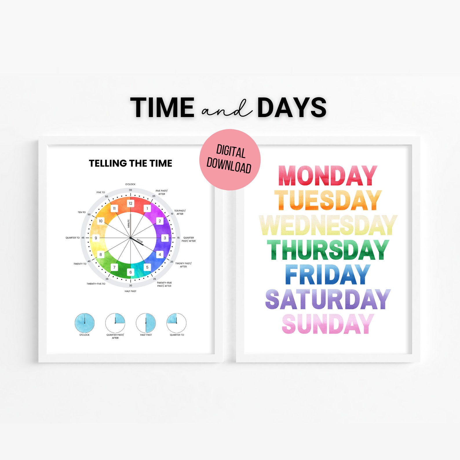 Telling Time + Days of the Week - Set of 2 Watercolor Posters ...