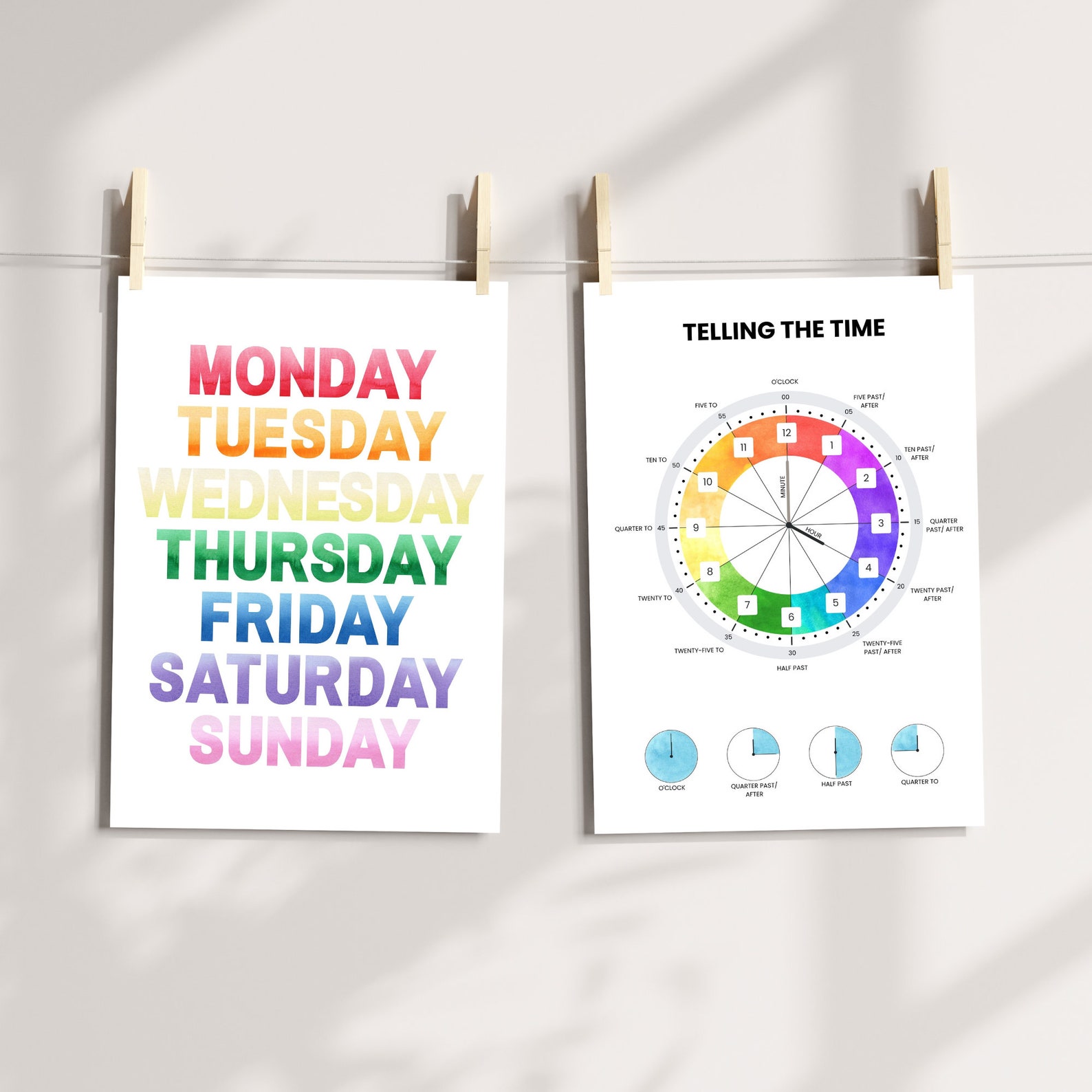 Telling Time + Days of the Week - Set of 2 Watercolor Posters ...