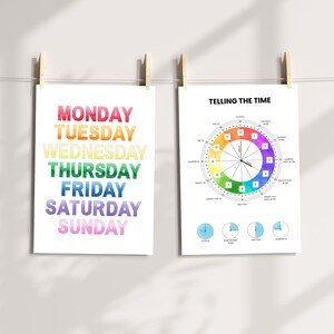 Telling Time + Days of the Week - Set of 2 Watercolor Posters ...