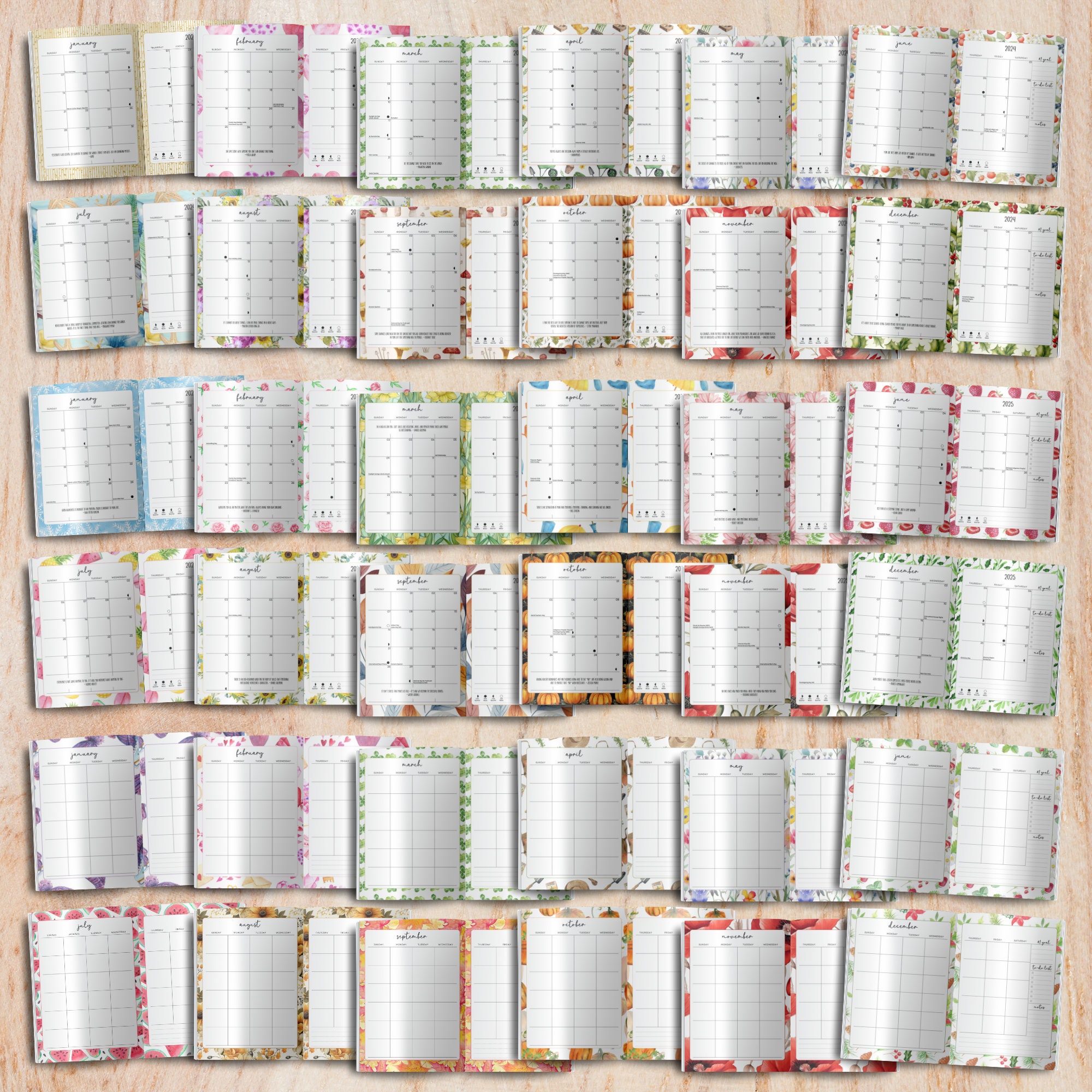 2024-2025 Printable Seasonal Watercolor Calendar 2 Page Monthly Spread ...