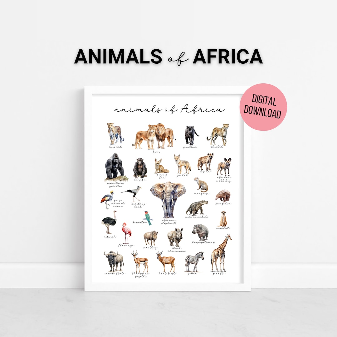 African Animals Poster, Wildlife Art Print, Watercolor, Lion, Elephant ...