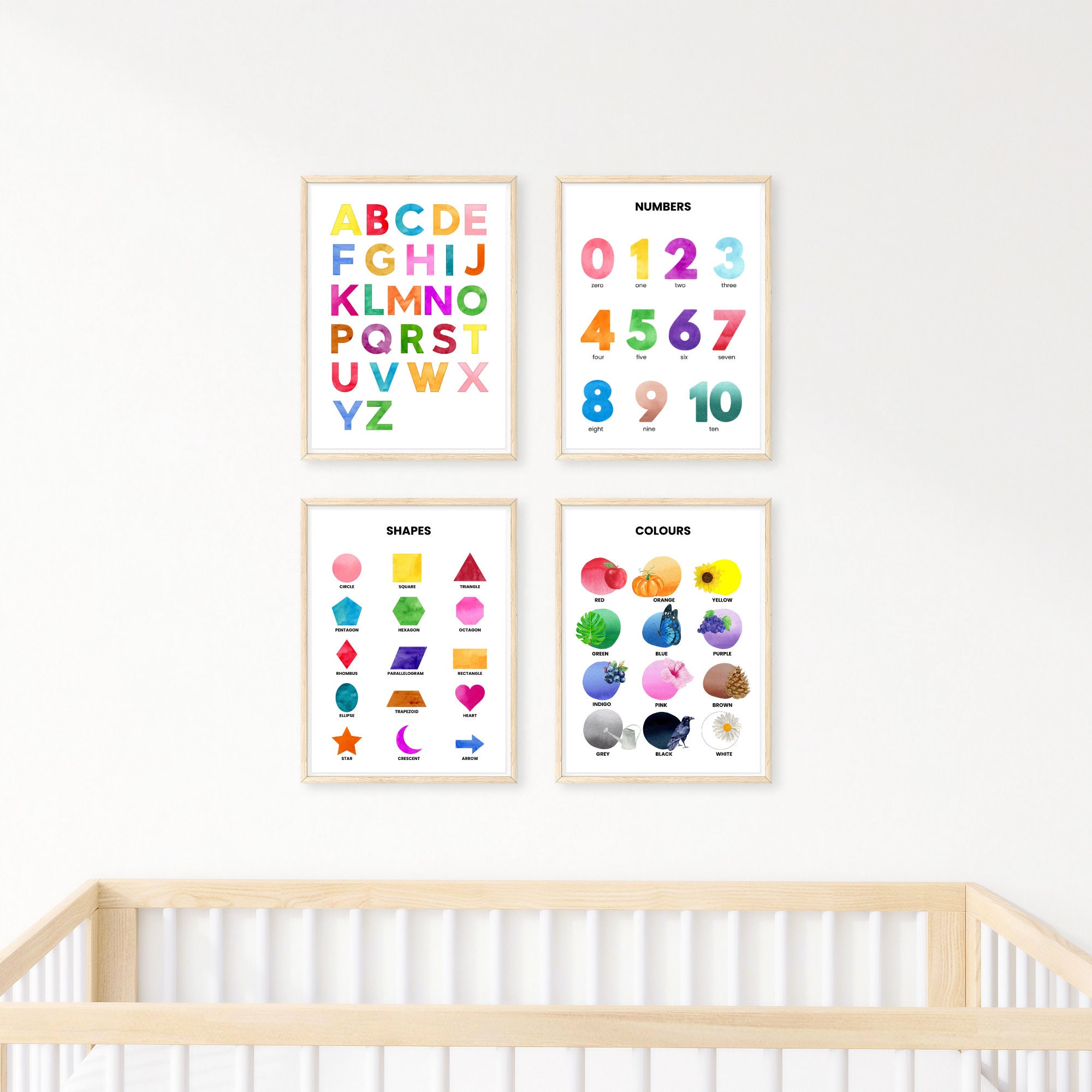 Alphabet Numbers Shapes & Colors Set of 4 Watercolor - Etsy