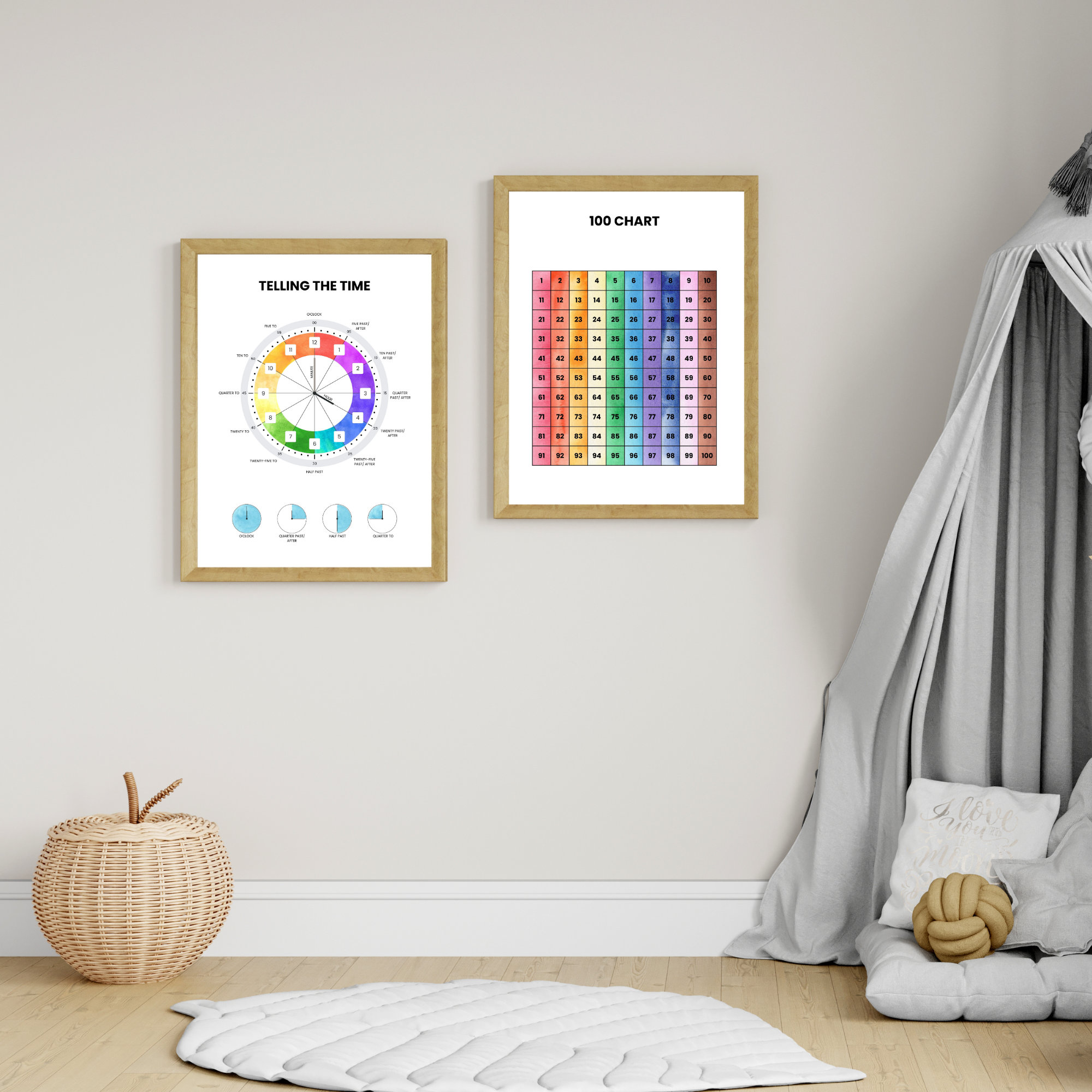 Telling Time + Hundred Chart -set of 2 Watercolor Posters, Homeschool ...