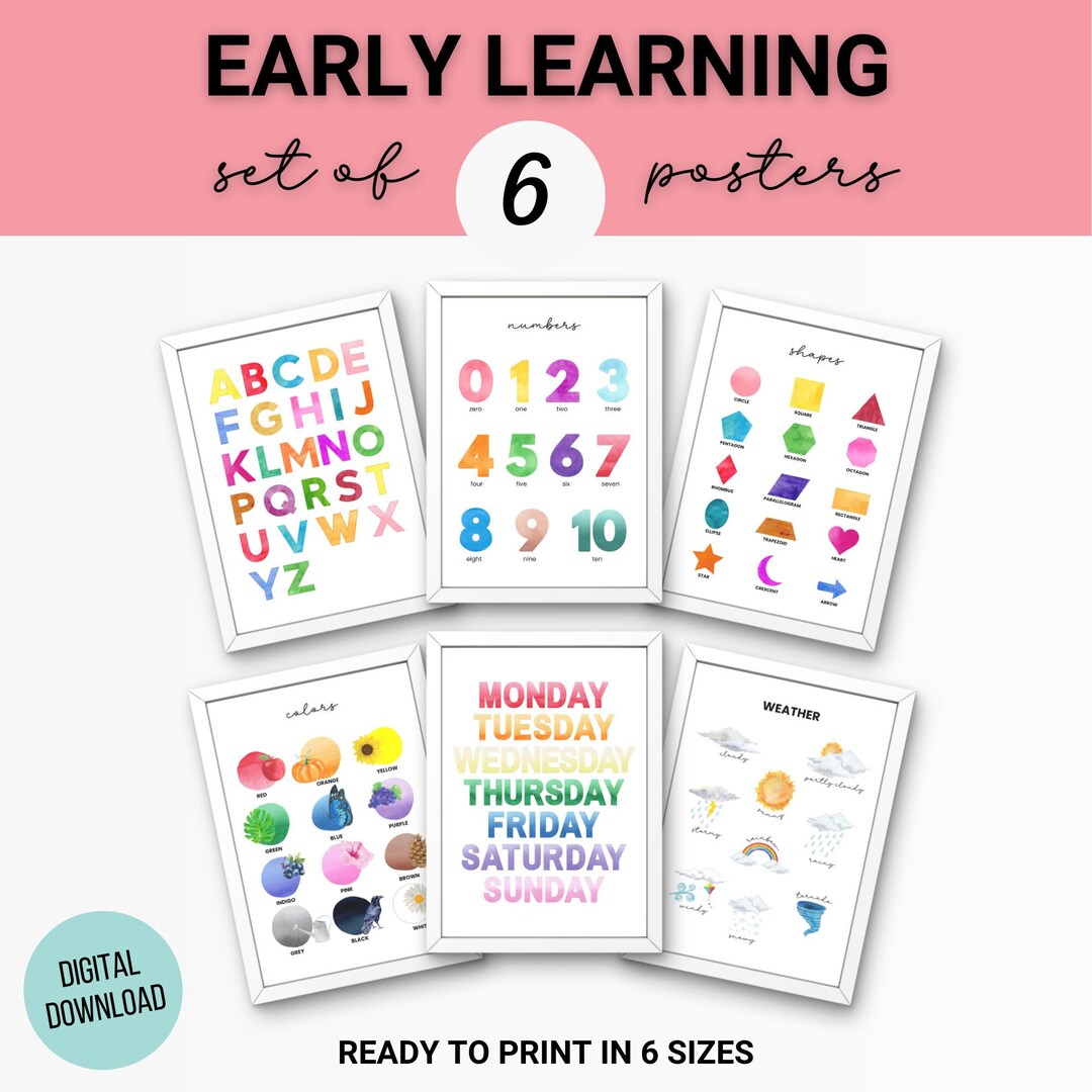 Alphabet, Numbers, Shapes, Colors, Days & Weather - Set of 6 Watercolor ...