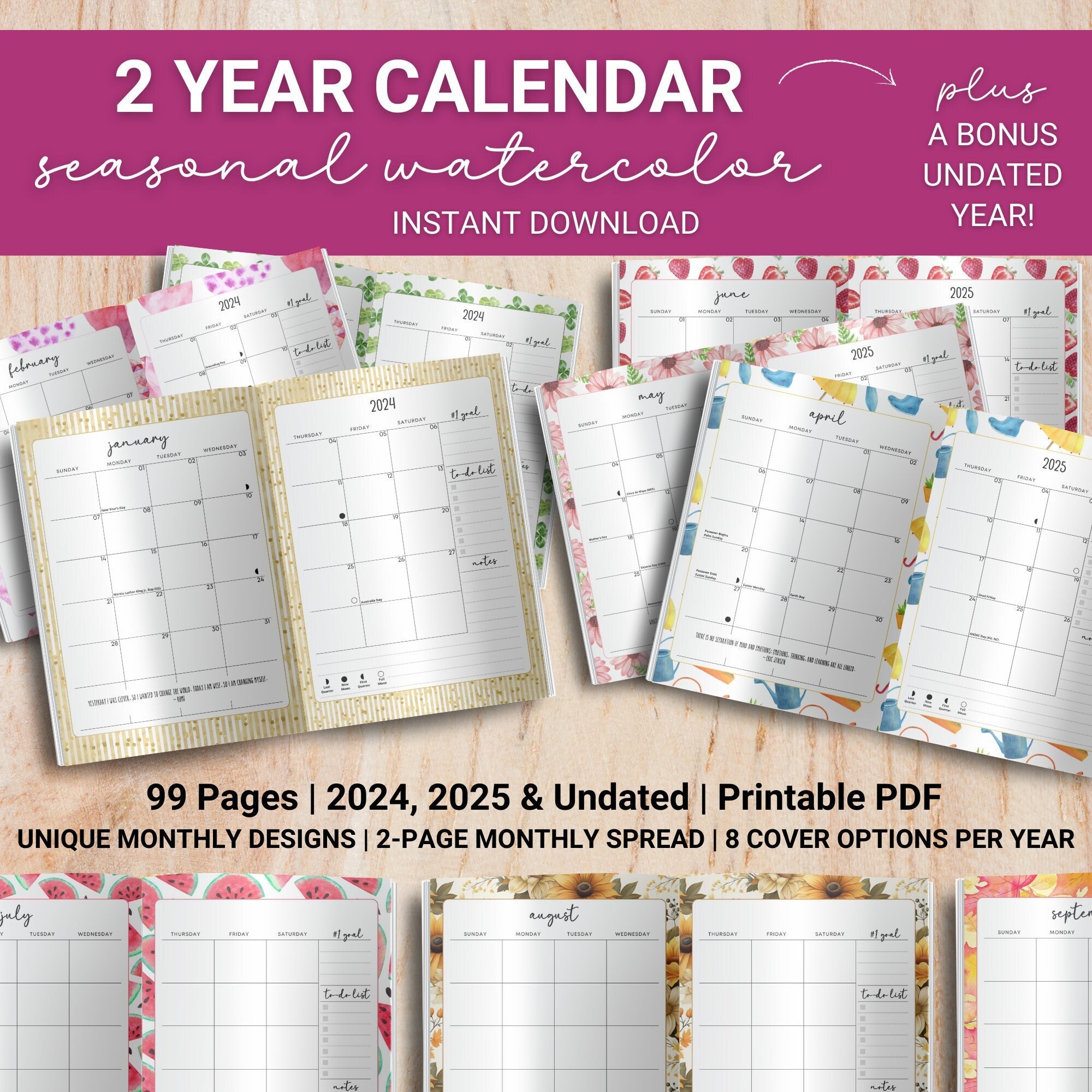 2024-2025 Printable Seasonal Watercolor Calendar | 2 Page Monthly ...