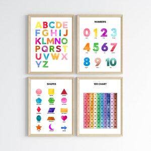 Set of 20 Watercolor Posters, Abcs, Numbers, 100 Chart, Time, Shapes ...