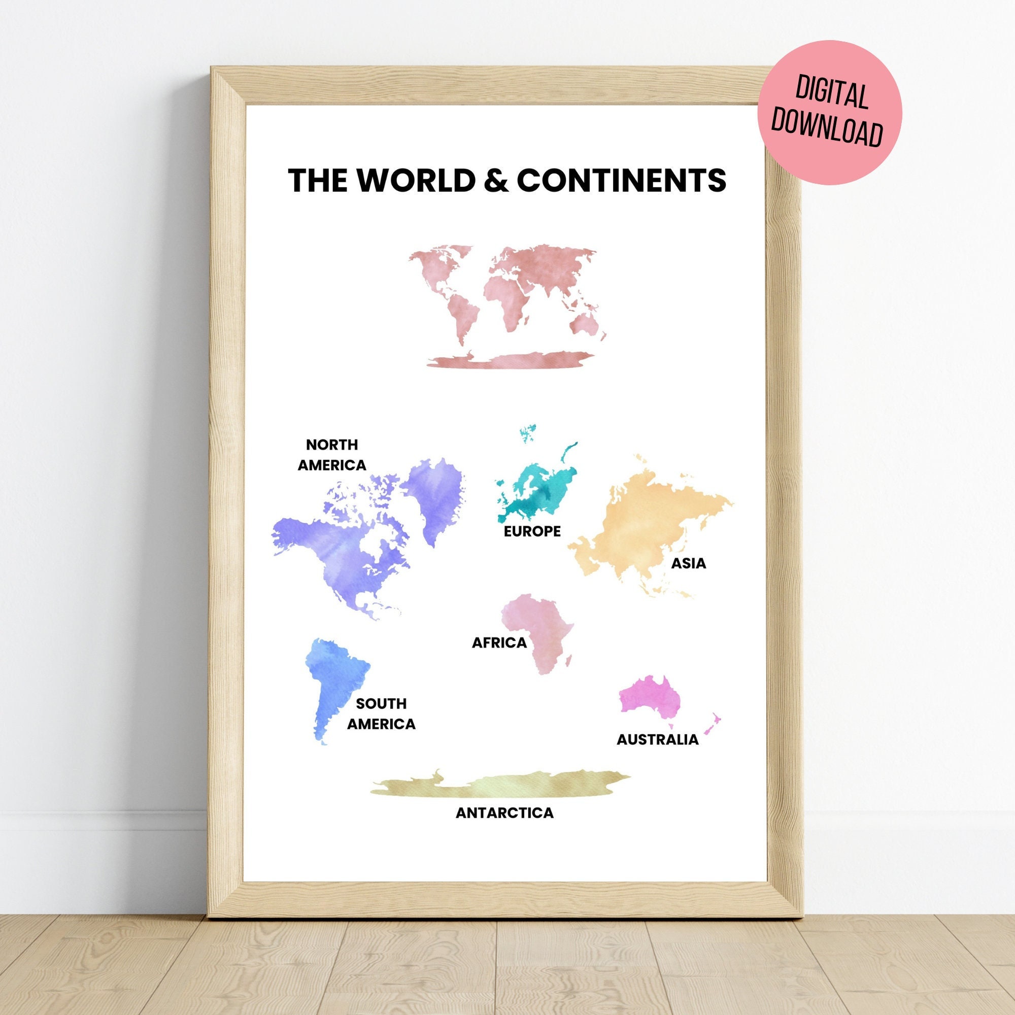 Watercolor World & Continents Poster Homeschool Printable - Etsy