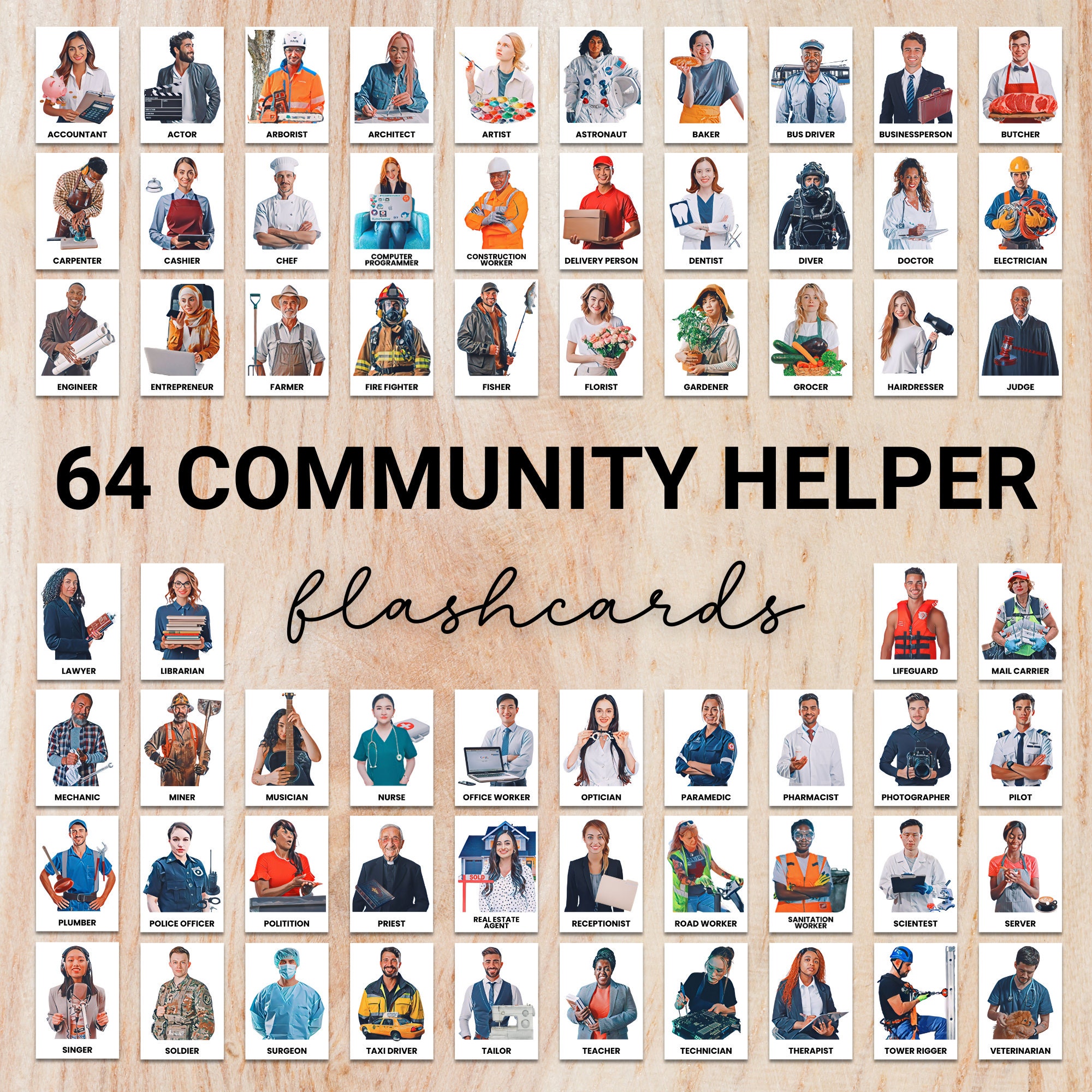 Community Helpers & Occupations Three-part Montessori Flashcards 64 ...