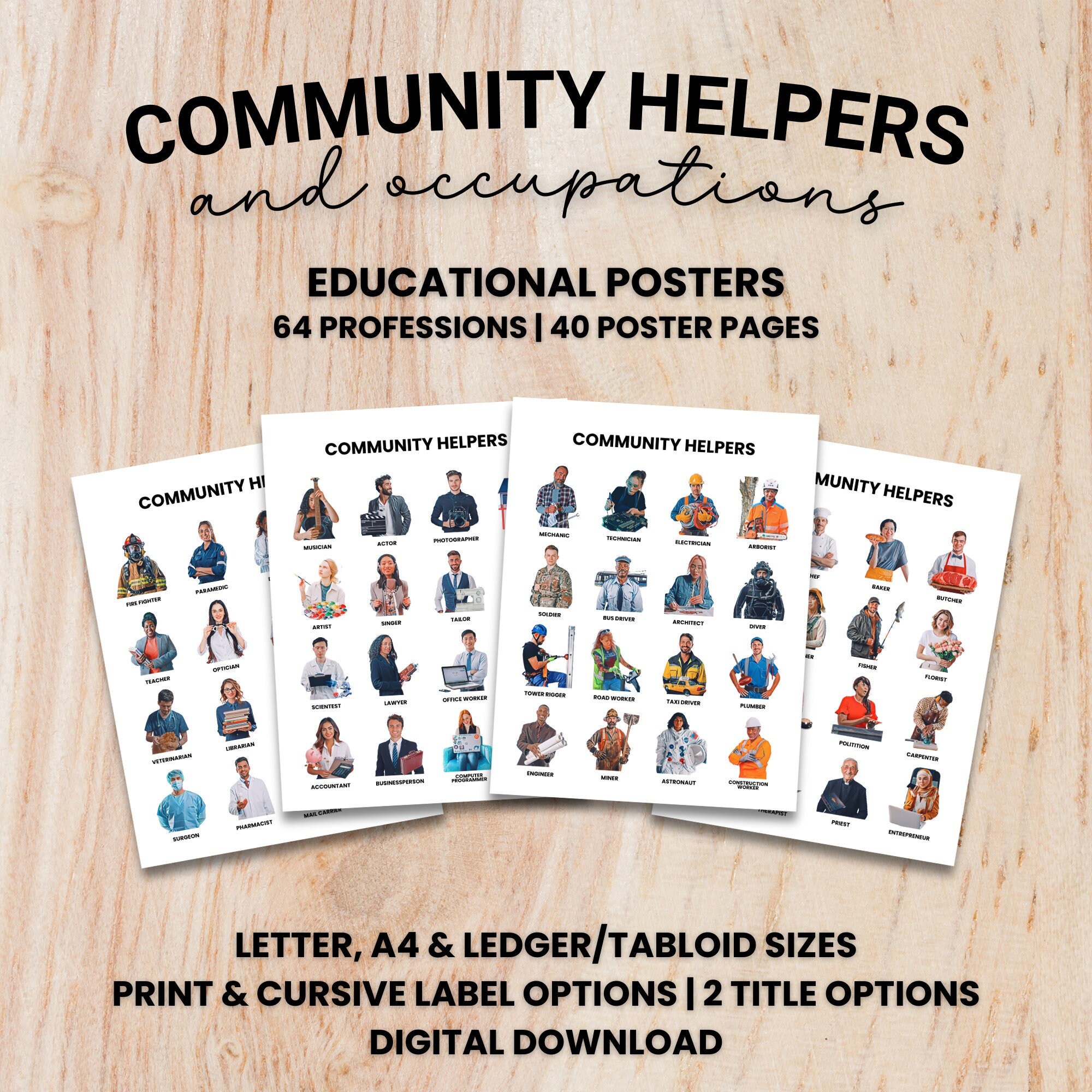 Community Helpers & Occupations Watercolor Educational Posters 64 Jobs ...