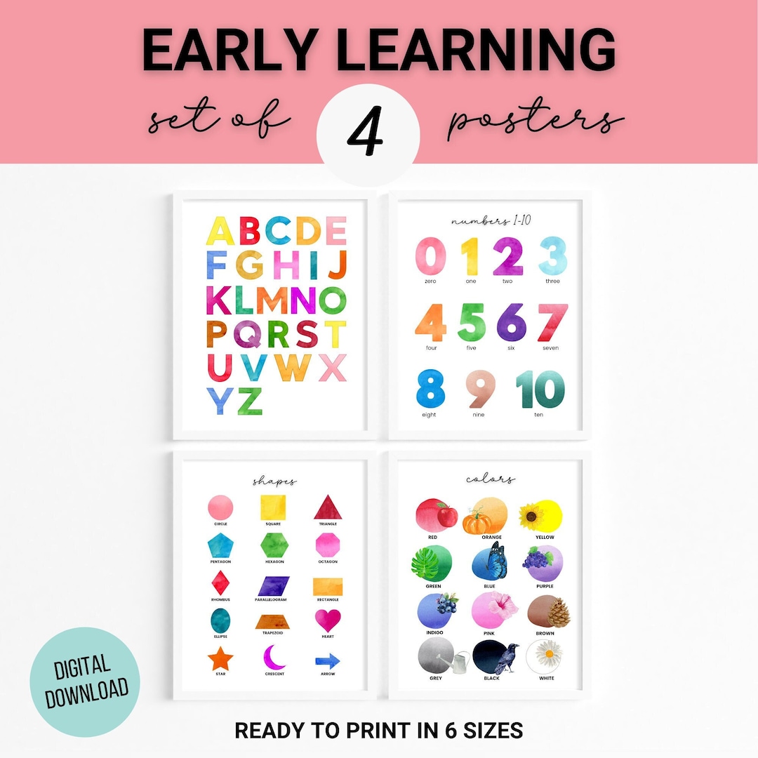 Alphabet, Numbers, Shapes & Colors - Set of 4 Watercolor Posters ...