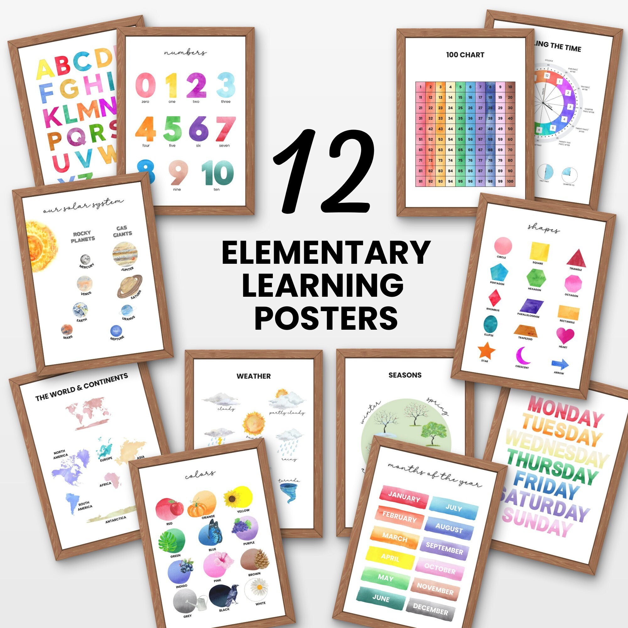 12 Posters Alphabet Numbers 100 Chart Time Shapes Days - Etsy