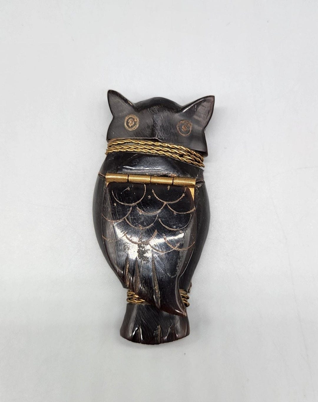 Vintage Carved Horn Owl Snuff Pill Box W/ Brass Hinge 3" Novelty Box ...