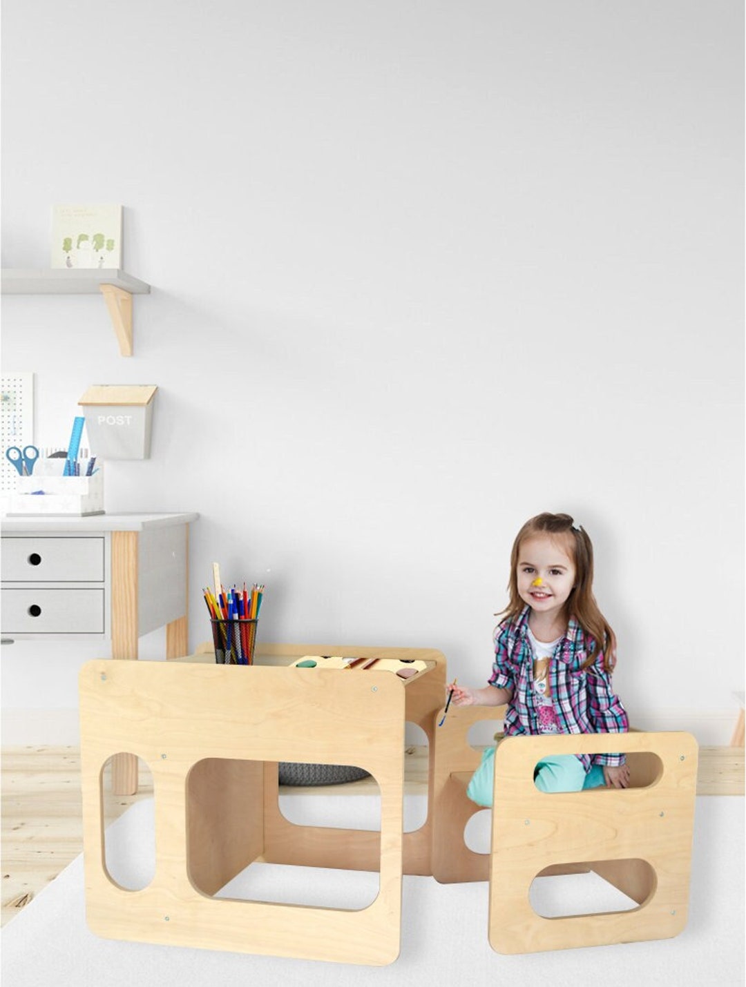 Space-saving Montessori Chair Table in White Wood for Children ...