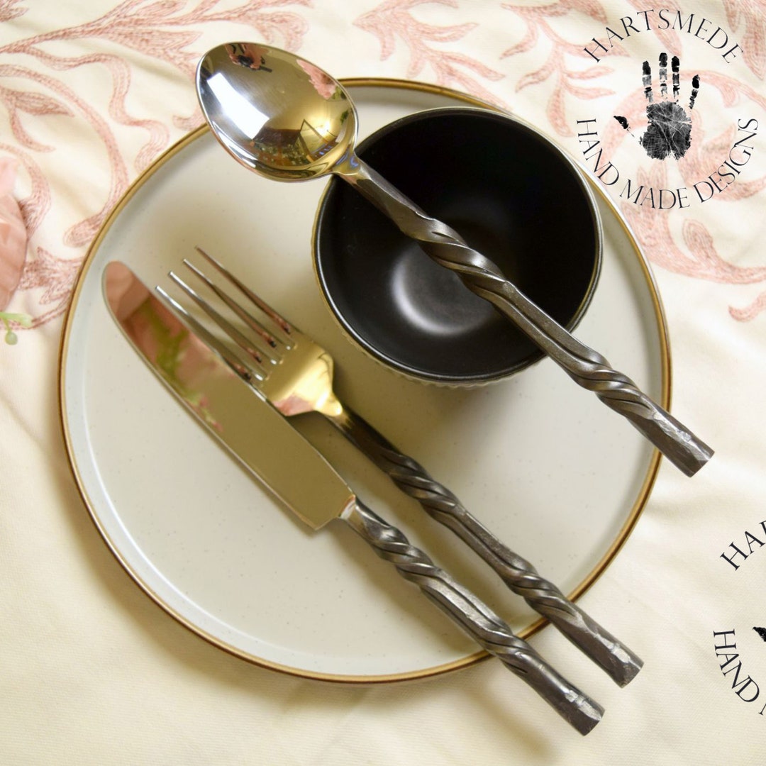24 Piece Hand Forged Stainless Steel Cutlery Set Twisted - Etsy