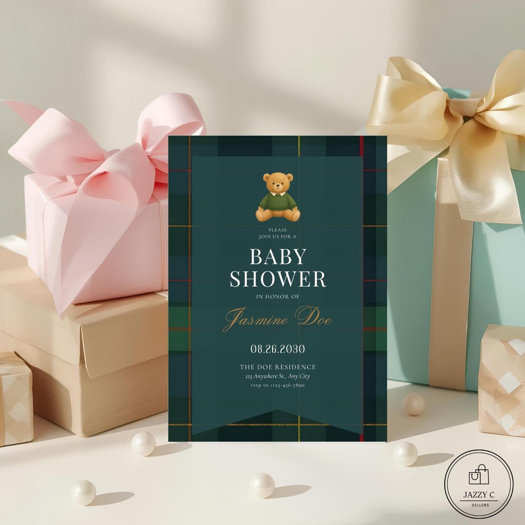 Editable Preppy Baby Shower Invitation - Teddy Bear and Plaid Design ...