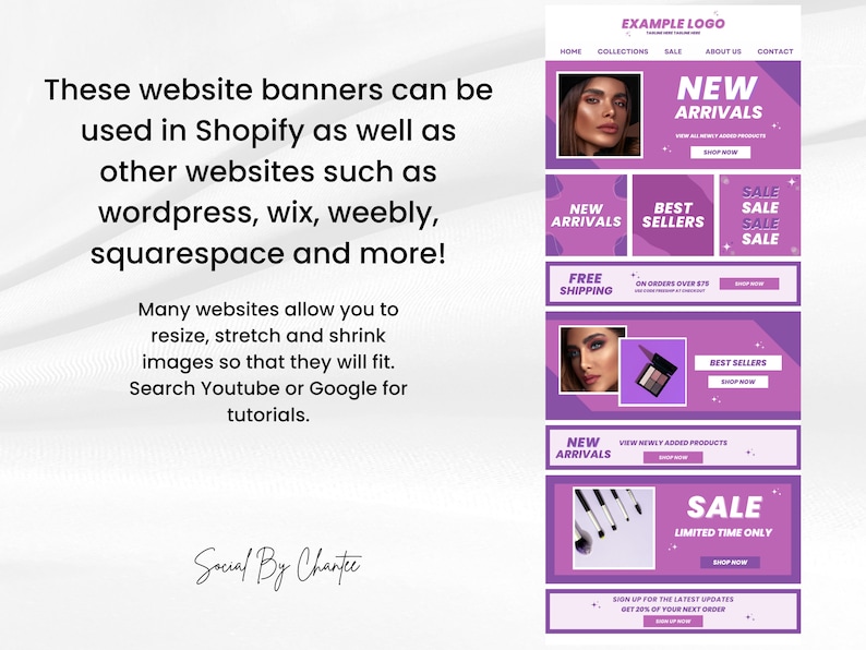 Shopify Wix Templates 2.0 Canva Website Banners With Logo Purple Girly ...