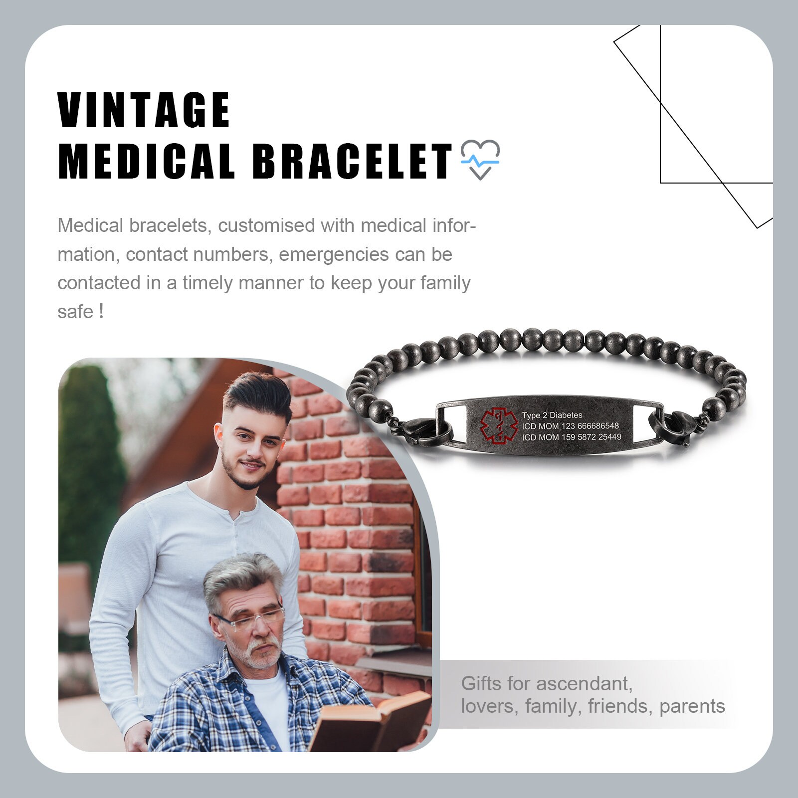 Custom Vintage Medical Alert Bracelets for Men,medical ID Bracelet ...