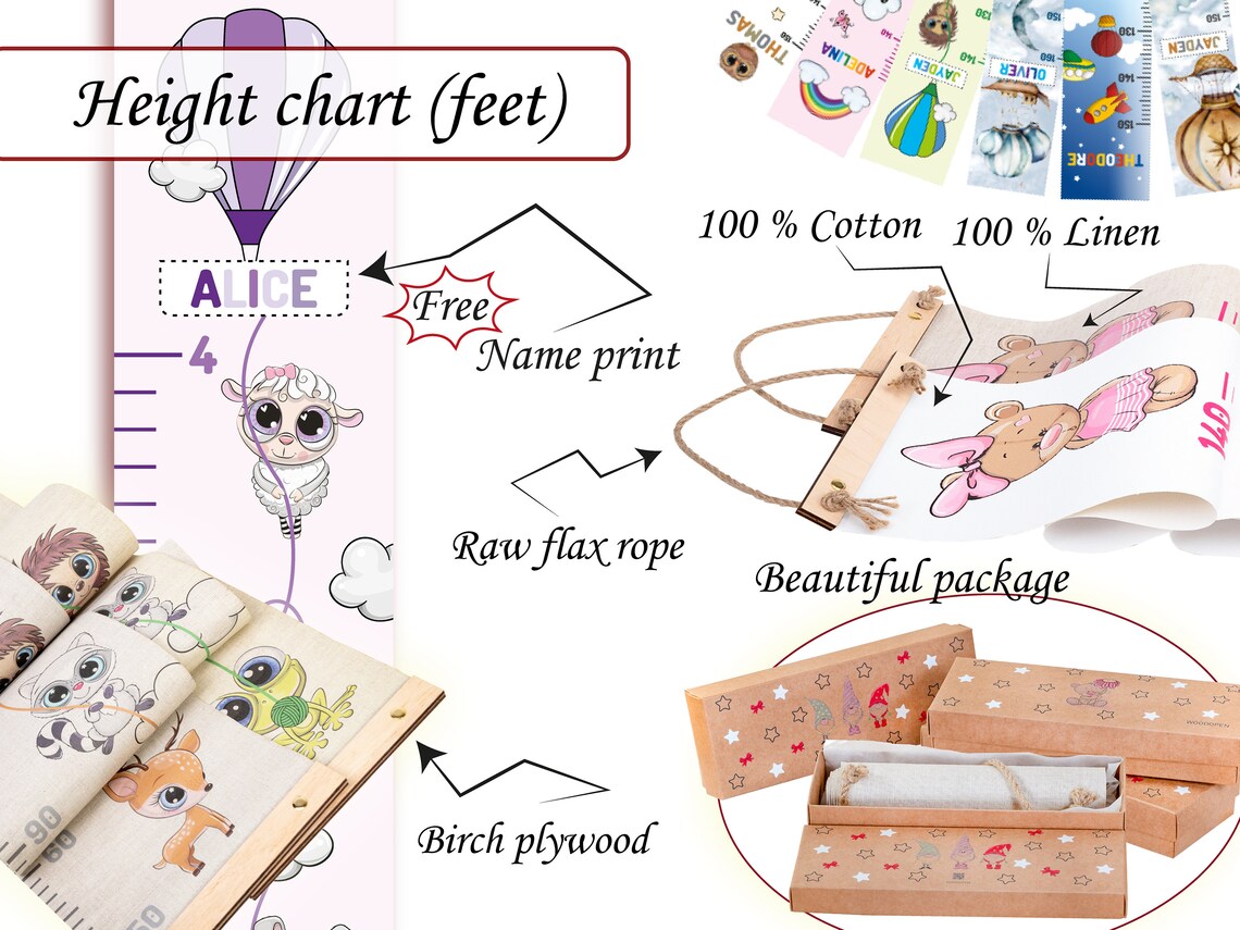 Personalised Height Chart, Wood and Canvas Baby Ruler, Growth Chart for ...