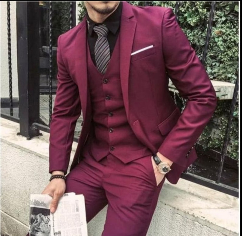 Men Maroon Suit, Wedding 3 Piece Suits, Slim Fit One Button Party Wear ...