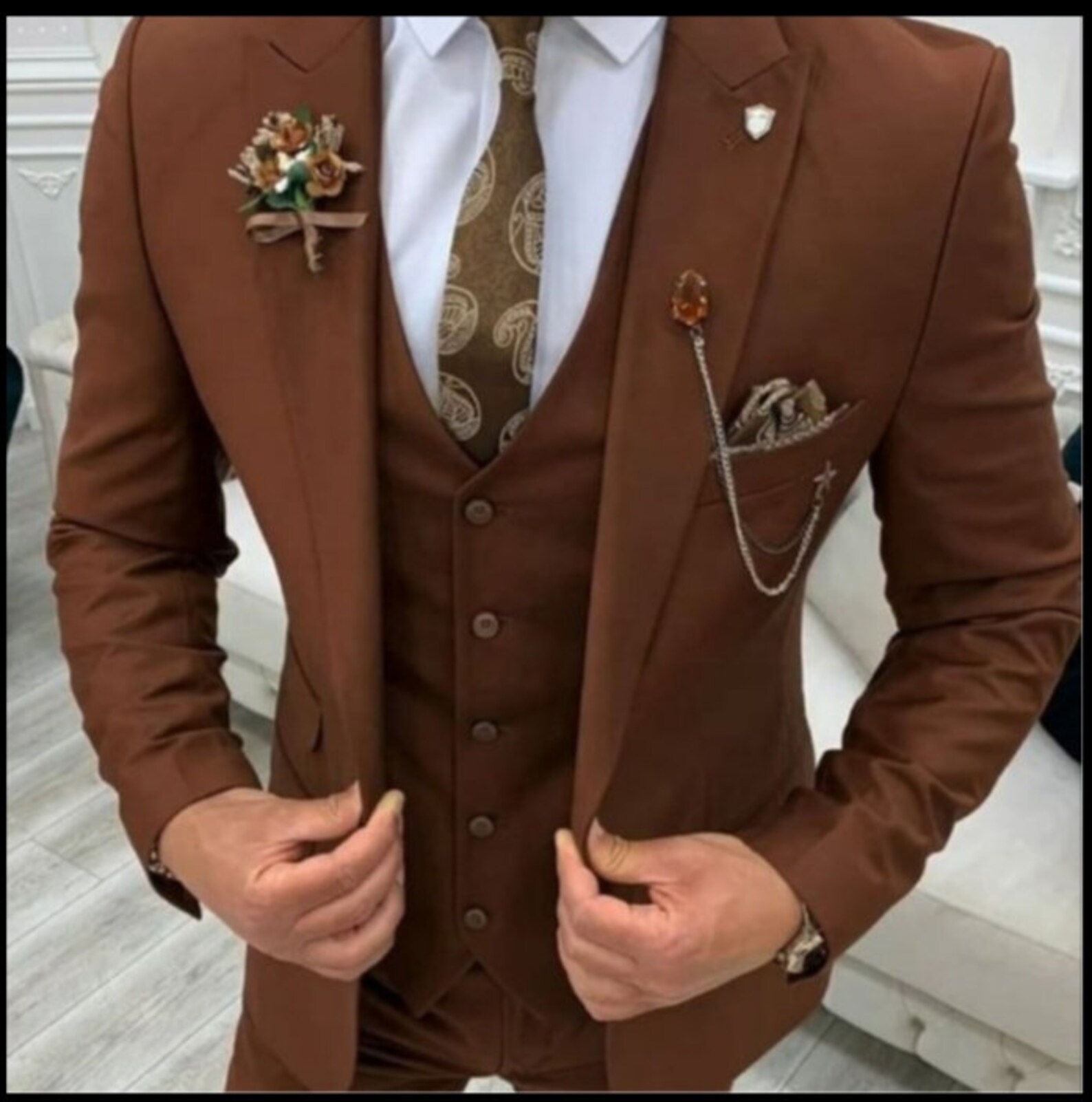 Men Brown Suit, Wedding 3 Piece Suits, Slim Fit 1 Button Party Wear ...