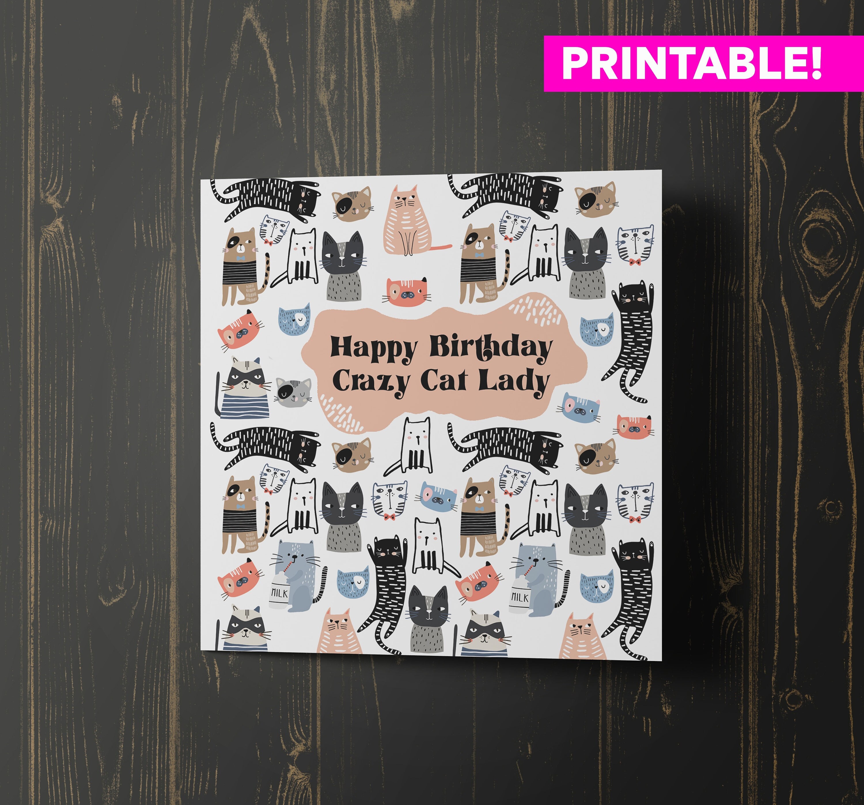 Printable Cat Birthday Card, Crazy Cat Lady, Cute Animal Card, Funny ...