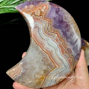 Mexican Crazy Lace Agate Amethyst Moon Hand Carved Crystal Quartz Moon ...