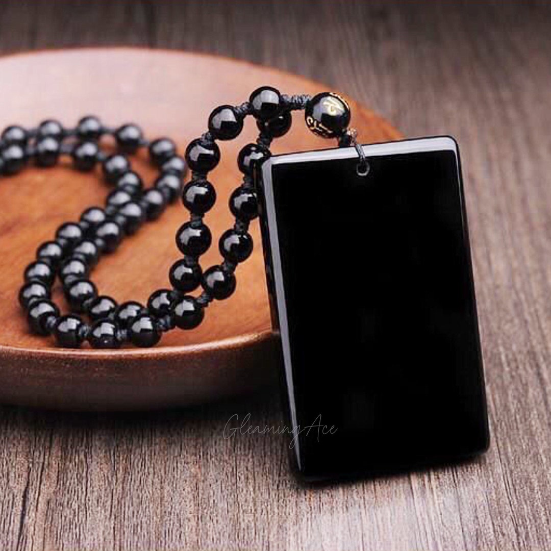 Black Obsidian Square Pendant Necklace, Crystal Obsidian Talisman Blank ...