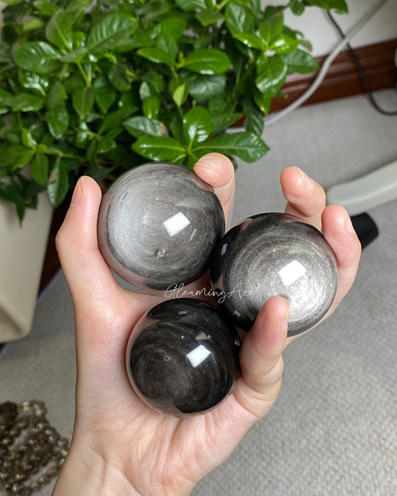 Natural Silver Sheen Obsidian Sphere, Polished Quartz Crystal Ball With ...