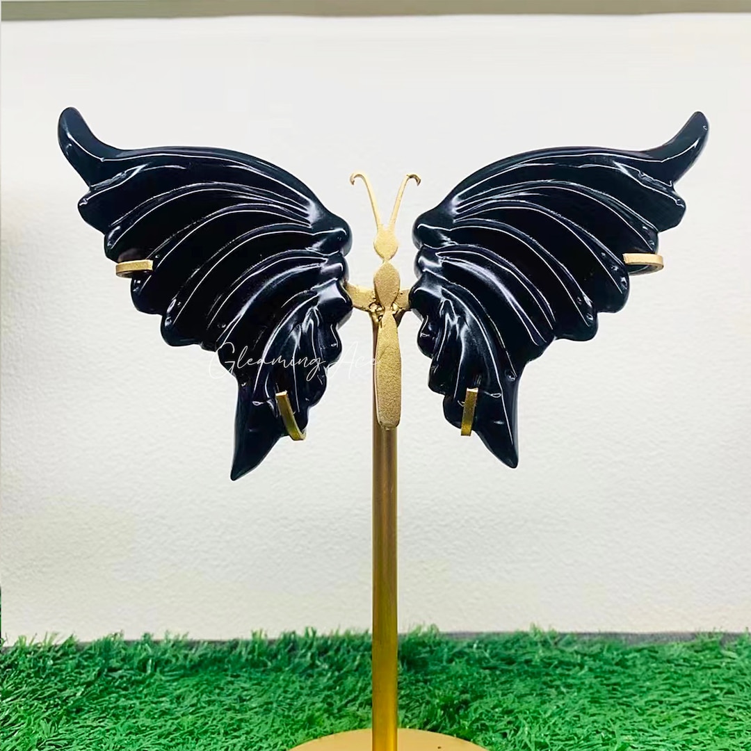 Natural Obsidian Angel Wing Set With Stand Healing Reiki, Home Decor ...