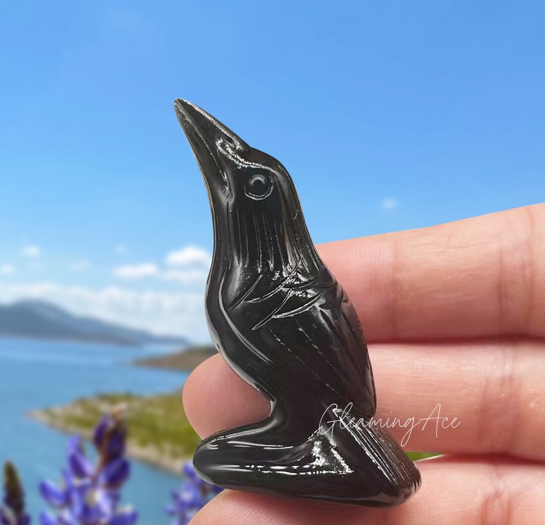 Natural Obsidian Crystal Crow, Quartz Crystal Raven Figurine, Hand Carved Bird Statue Reiki ...
