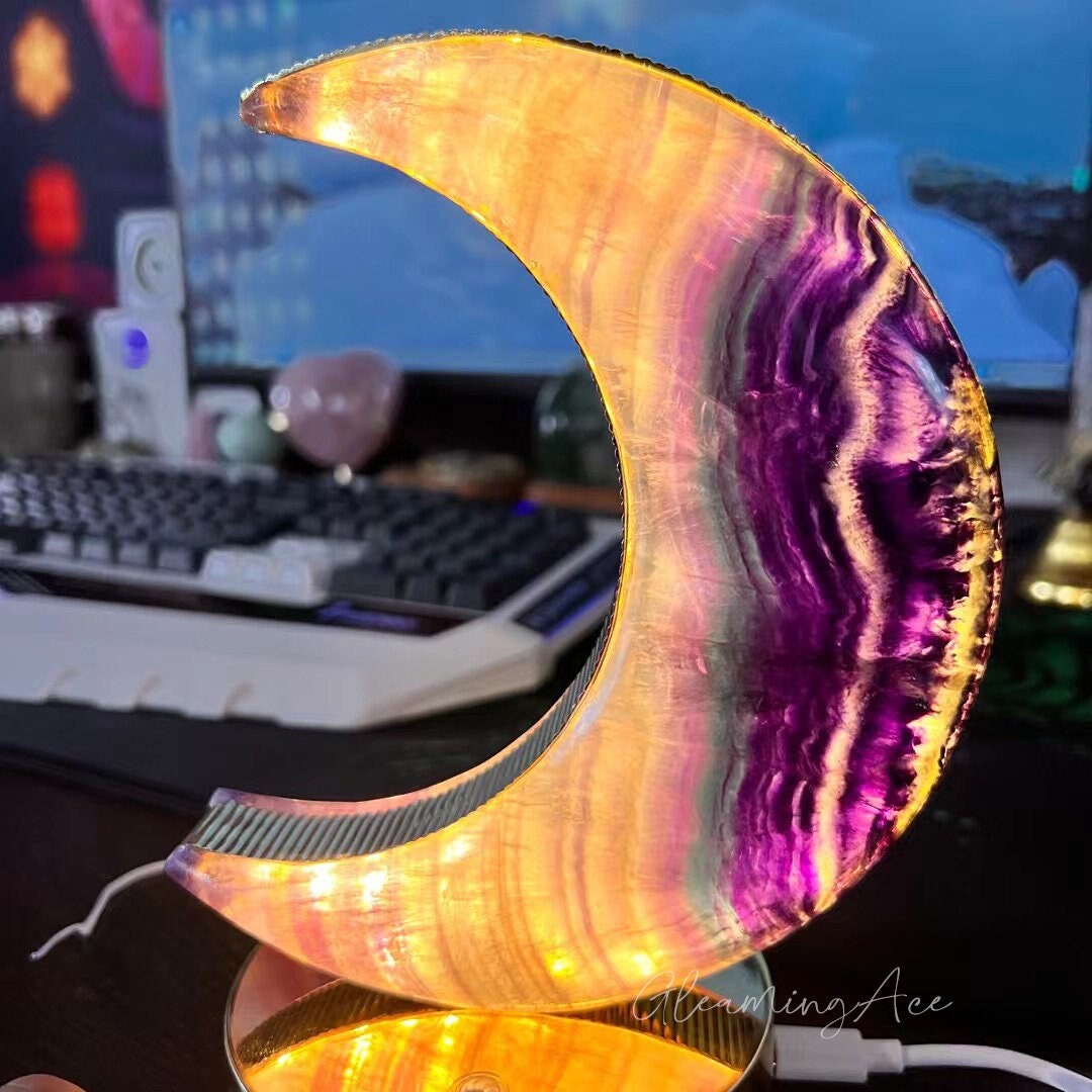 Natural Crystal Rose Quartz Moon Nightstand Lamp, Rainbow Fluorite ...