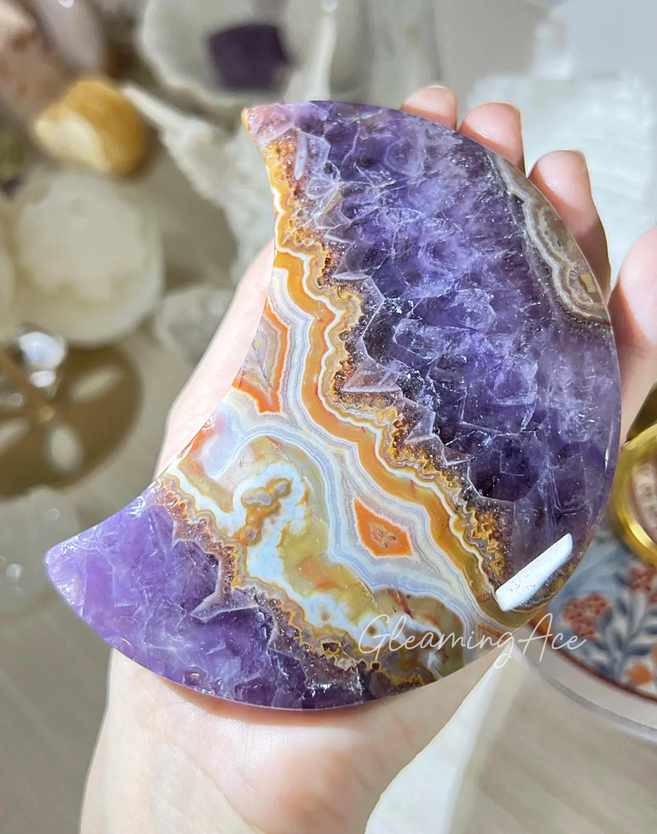Mexican Crazy Lace Agate Amethyst Moon Hand Carved Crystal Quartz Moon ...