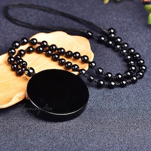 Black Obsidian Mirror Pendant Necklace, Crystal Round Obsidian Pendant ...