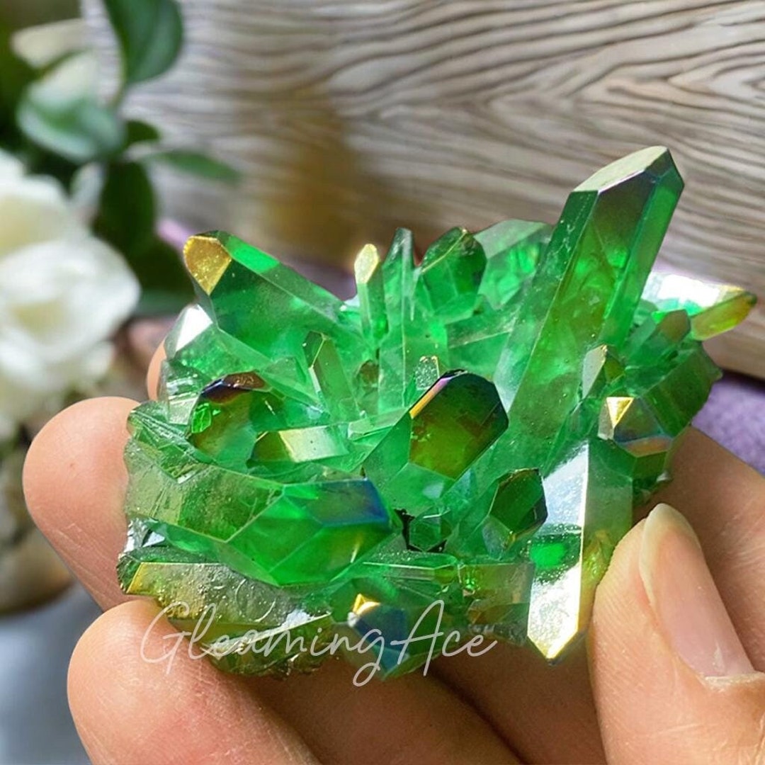 Aura Green Geode Quartz Cluster Natural Crystal Green Point Home Decor ...