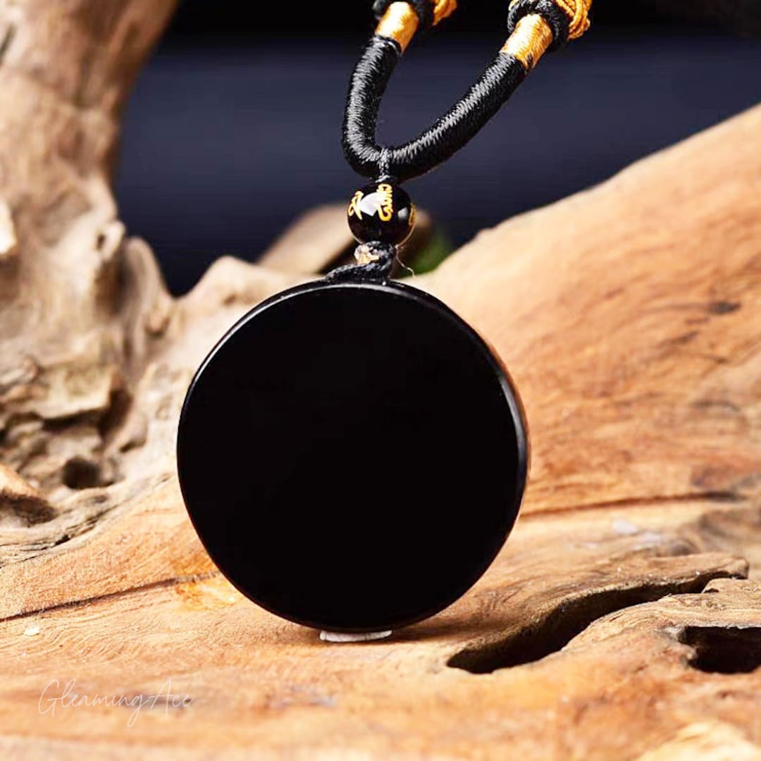 Black Obsidian Mirror Pendant Necklace, Crystal Round Obsidian Pendant ...