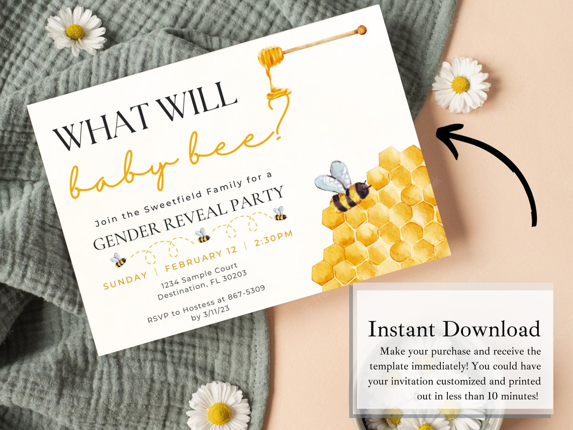 Editable Bee Gender Reveal Invitation What Will Baby Bee Invitations ...
