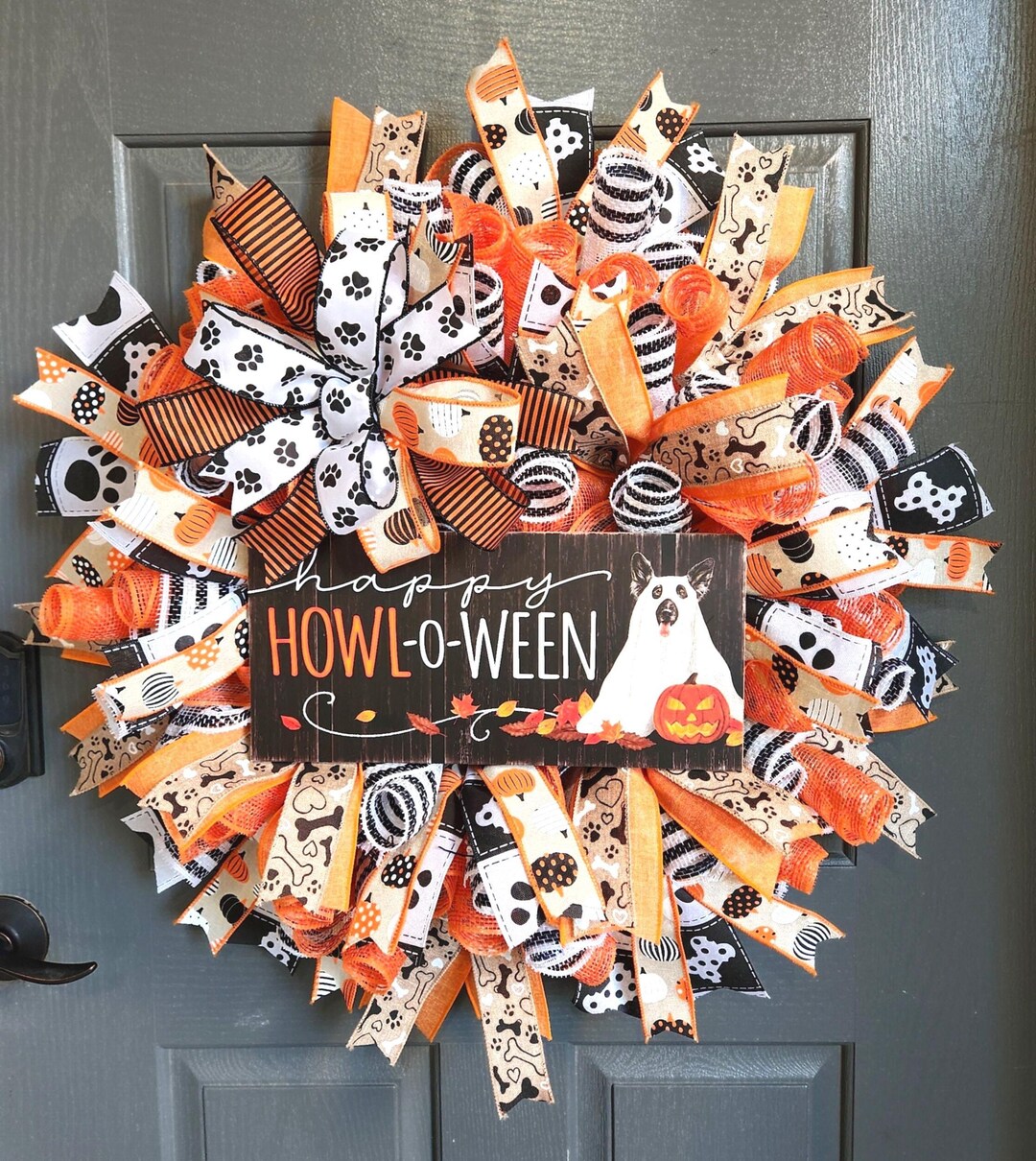 Dog Halloween Wreath, Happy Howl-o-ween Door Decoration, Fall Pet Lover ...
