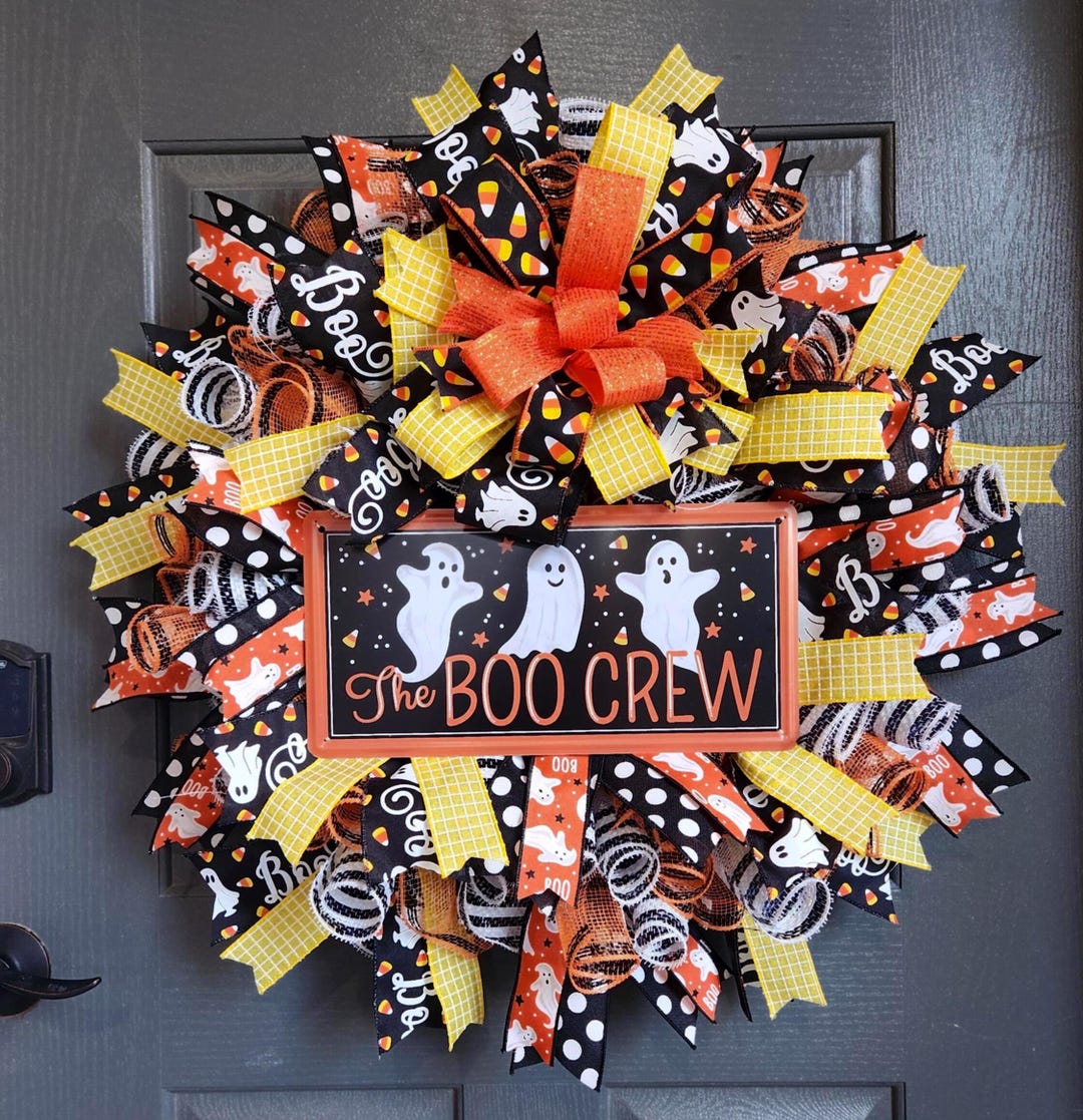 Halloween Boo Crew Wreath – Ghost Door Wreath With Ribbons – Spooky ...
