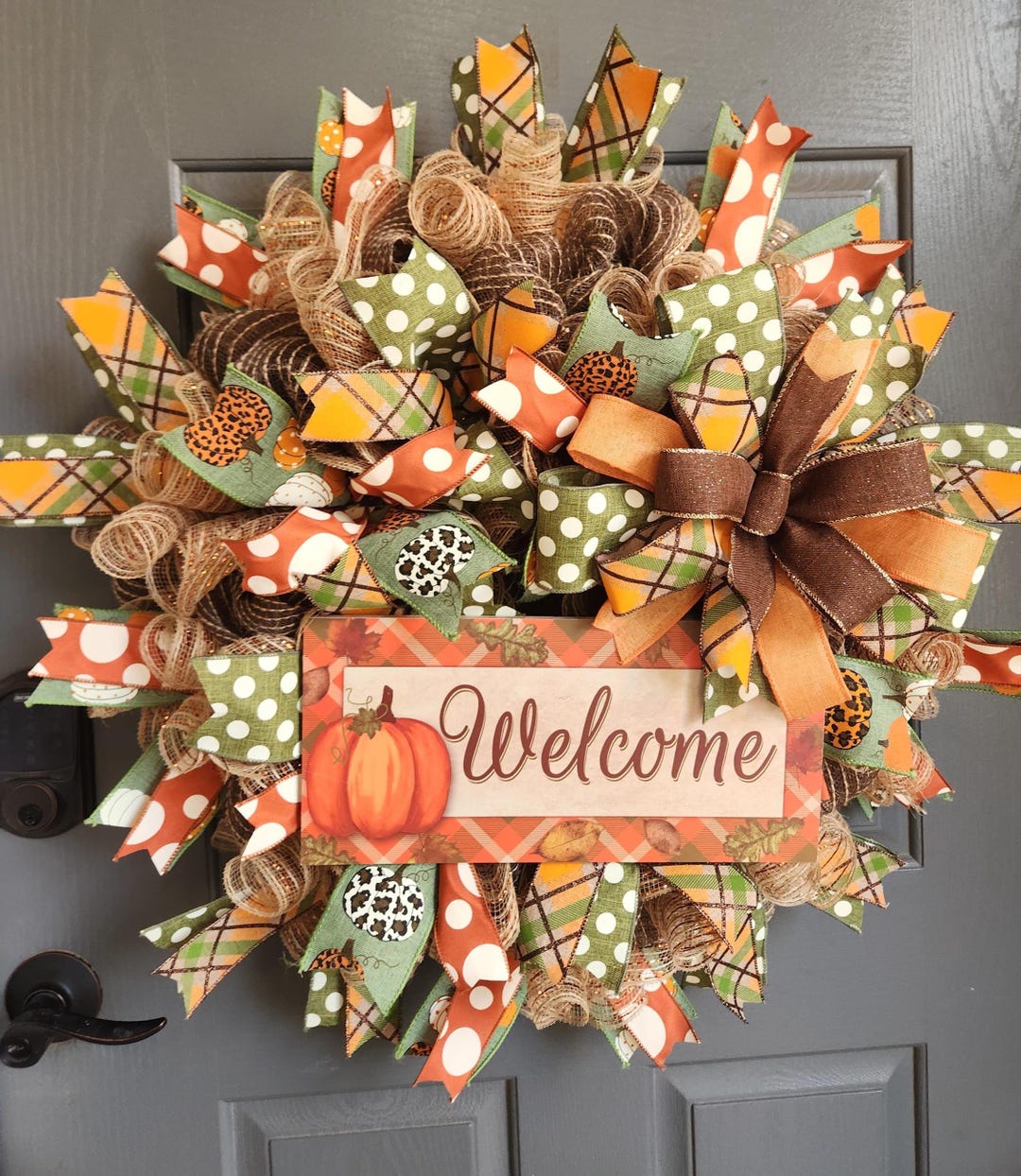 Fall Welcome Wreath for Front Door, Pumpkin Deco Mesh Wreath With Wired ...