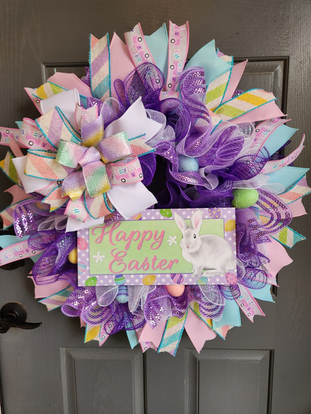 Happy Easter Bunny Wreath, Happy Easter Wreath, Colorful Wreath, Spring ...