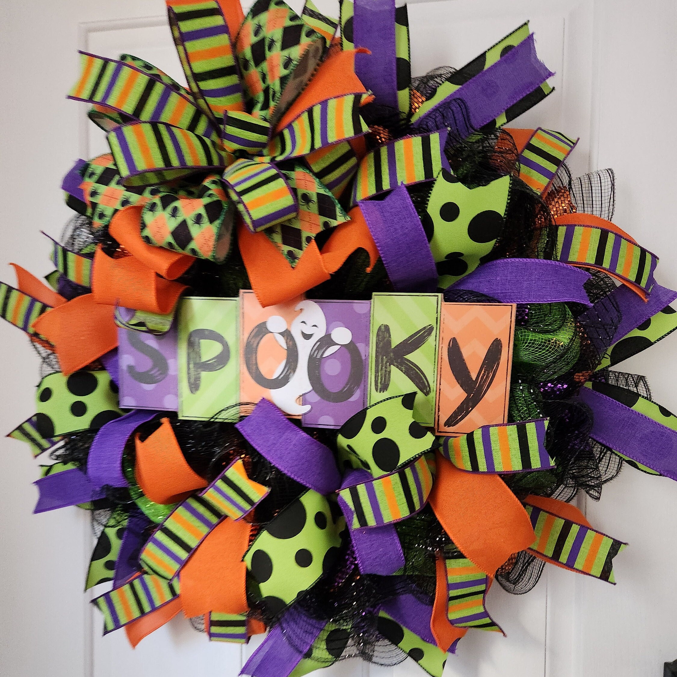 Spooky Wood Sign With Ghost, Block Letters, Halloween Wreath, Orange ...