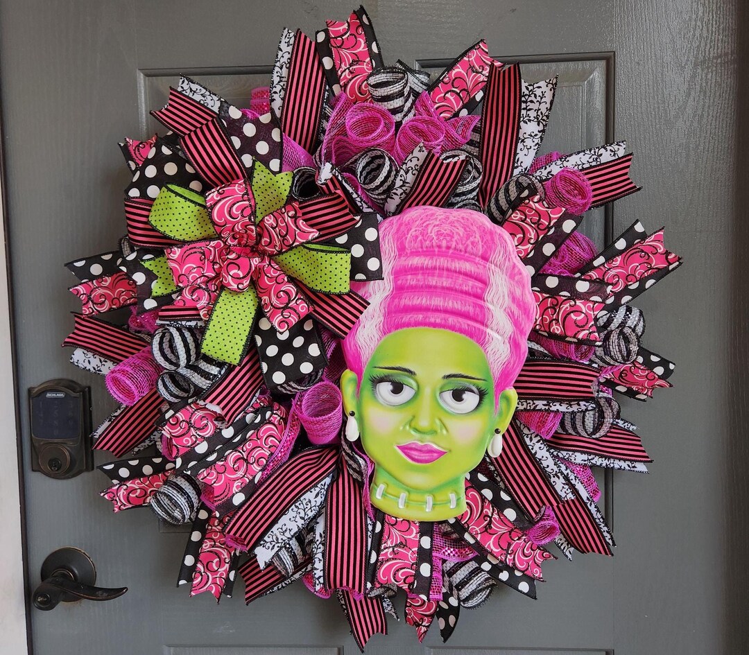 Bride of Frankenstein Halloween Wreath: Pink & Green Monster Front Door ...